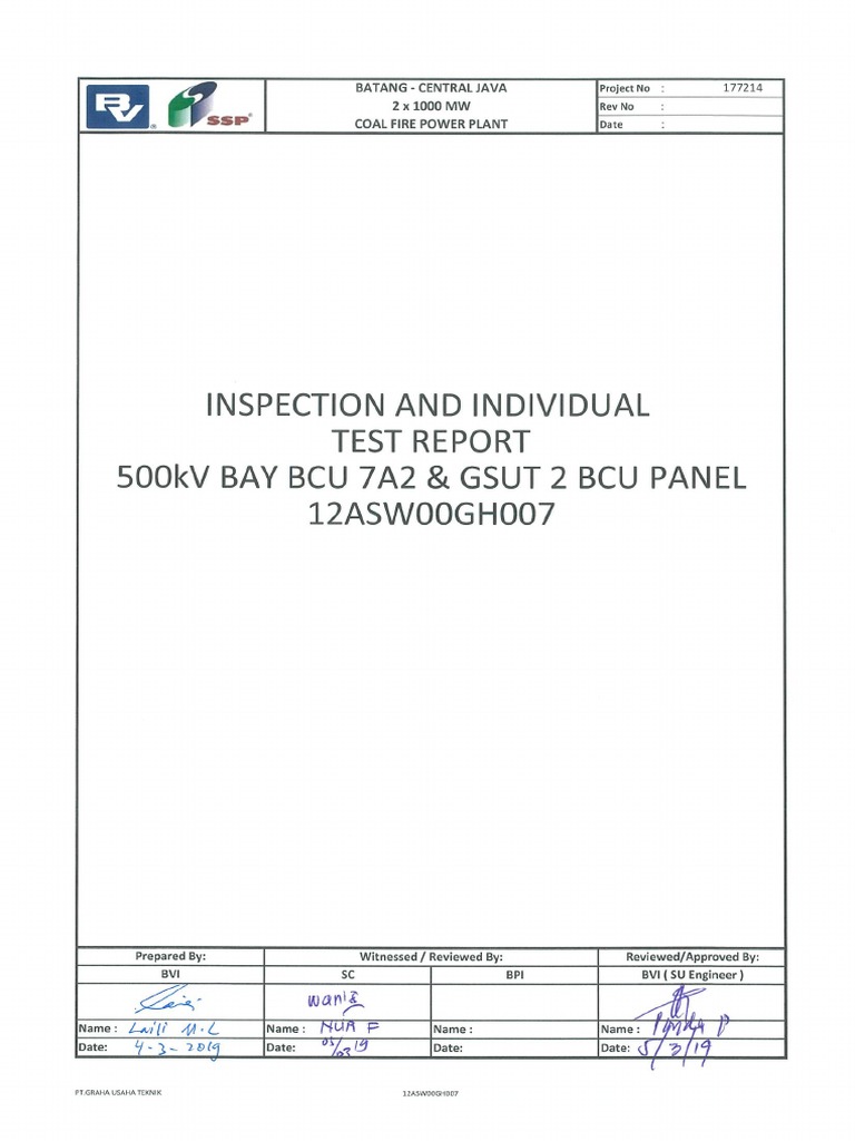 12ASW00GH007 - Test Report 500kV BAY BCU 7A2 & GSUT 2 BCU Panel | PDF