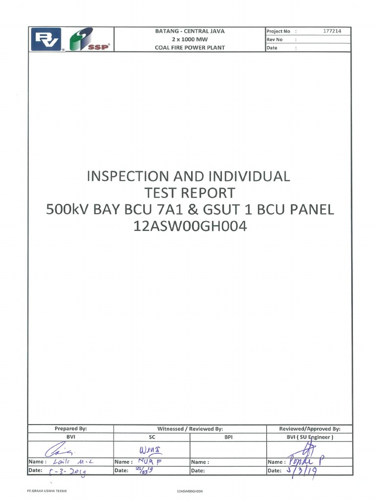 12ASW00GH004 - Test Report 500kV BAY BCU 7A1 & GSUT 1 BCU Panel | PDF