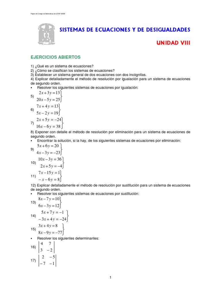Unidad VIII Sistemas de Ecuaciones y Desigualdades Ejercicios | PDF | Ecuaciones | Matemáticas