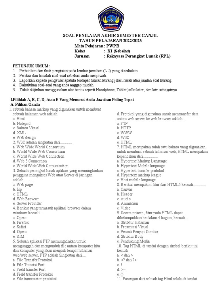 Kisi-Kisi PAS GANJIL PWPB KELAS 11 | PDF