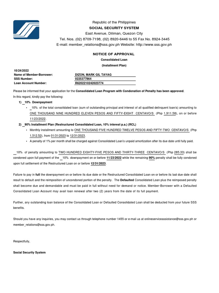 SSS Notice Consoloan Installment 0225377864 | PDF | Loans ...
