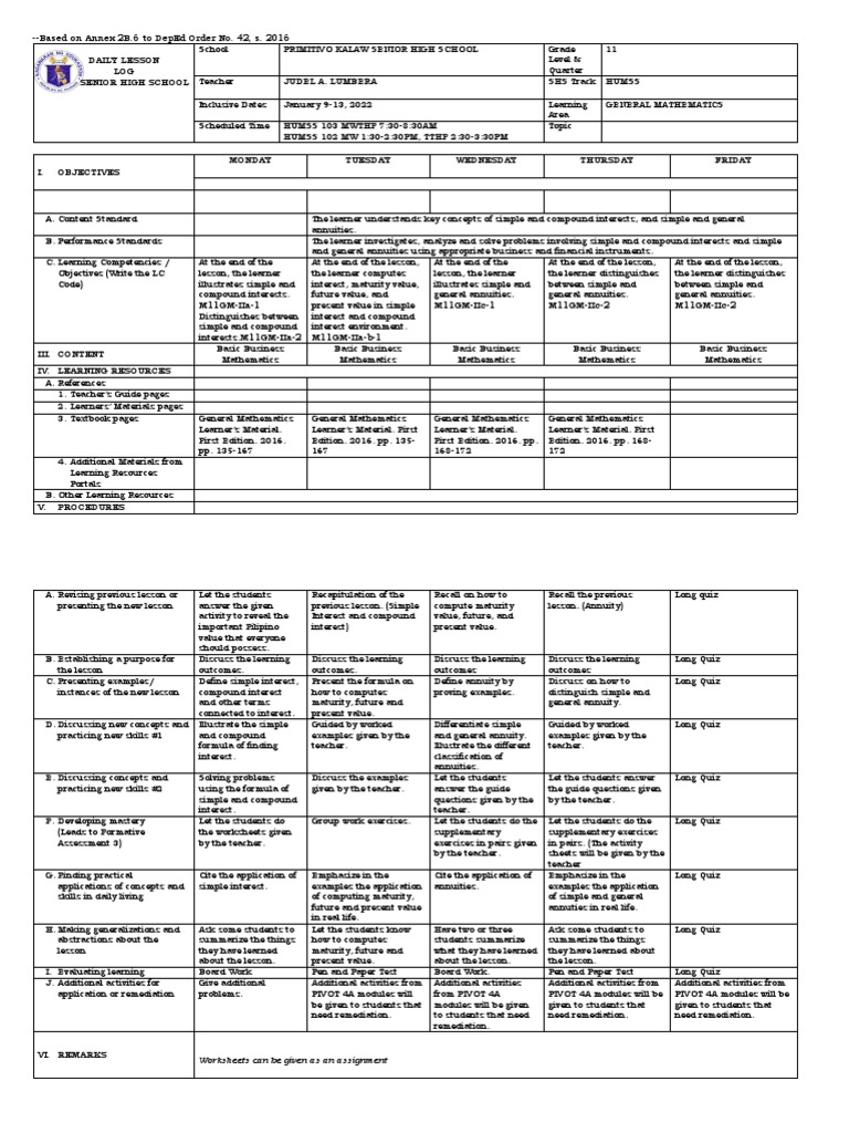 GENMATH DLL Jan9 13 | PDF | Learning | Teachers