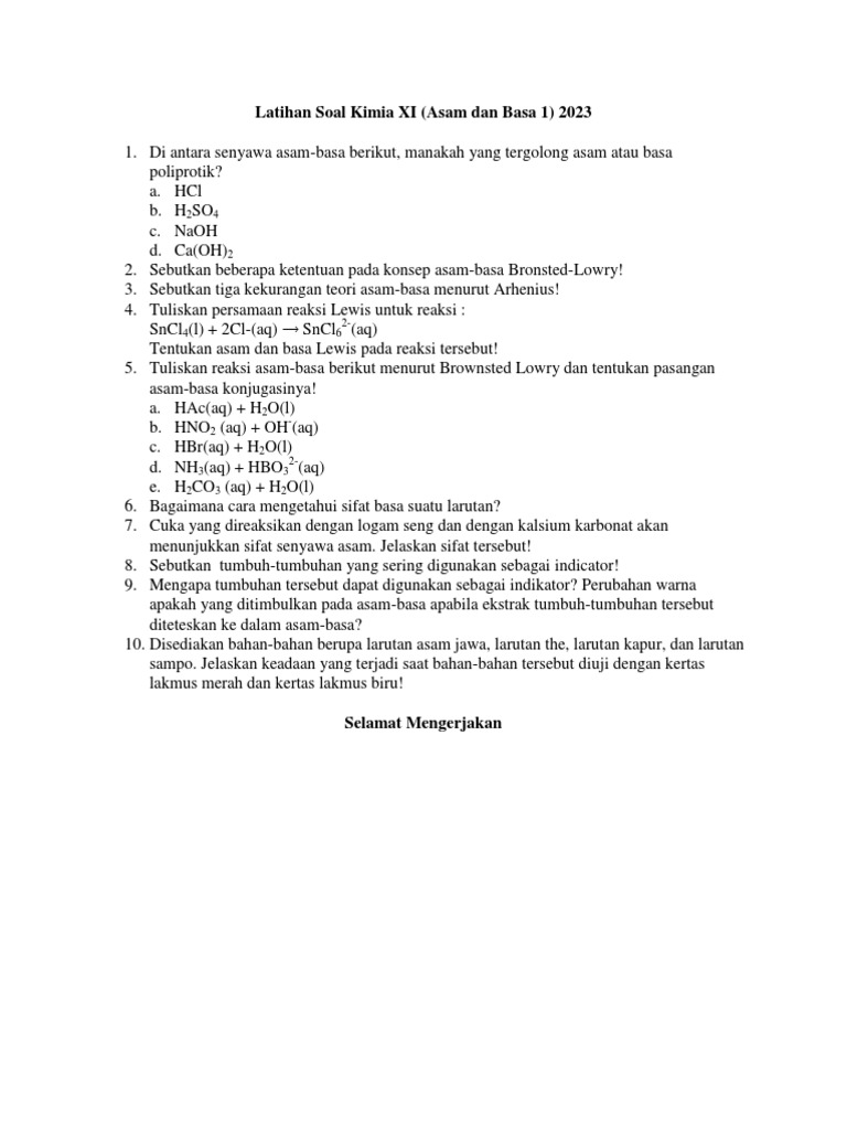 Latihan Soal Kimia XI (Asam & Basa) 2023 | PDF