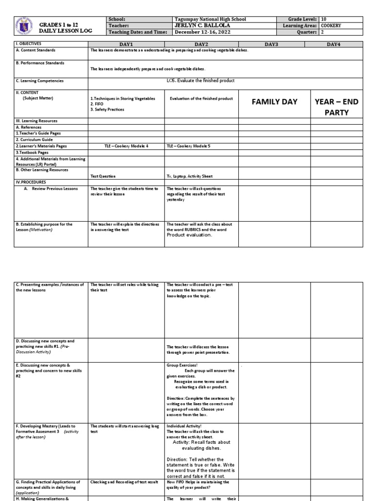 DLL g10 Q2W6 | PDF | Educational Assessment | Teachers