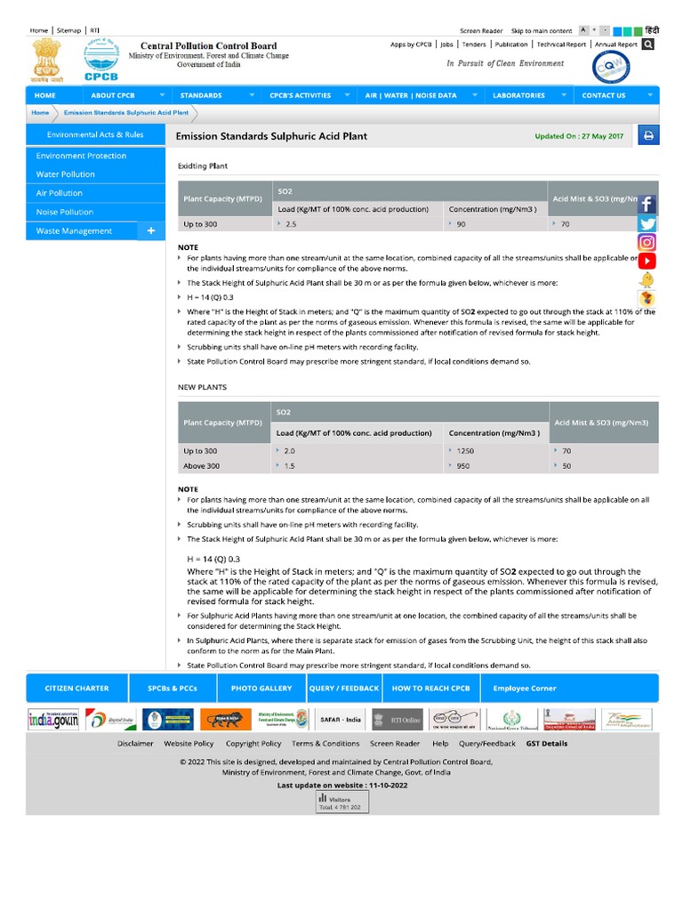 Emission Standards For Sulphuric Acid Plant As Per CPCB | PDF