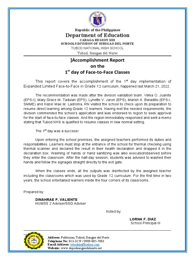 1st Day of Face-to-Face Classes Report | PDF | Teaching | Behavior ...