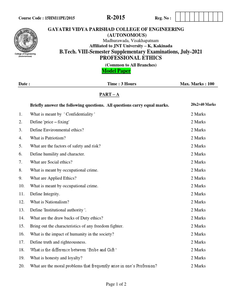 Professional Ethics Model Paper 2021 | PDF | Professional Ethics ...