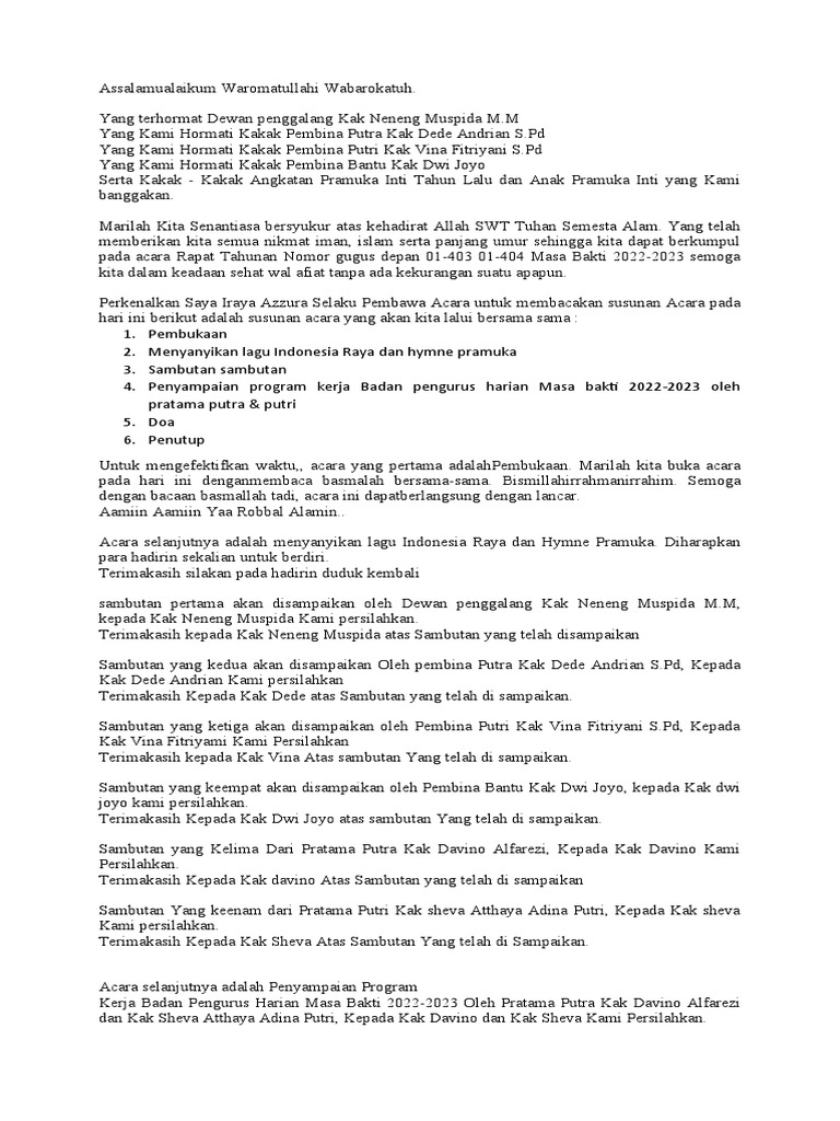 Teks MC Rapat Tahunan Pramuka 2022-2023 | PDF