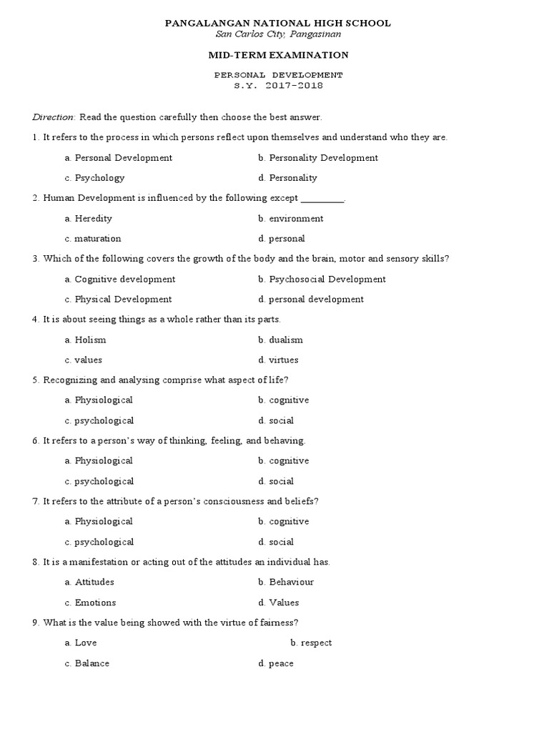 Grade 11 Personal Development Answers | PDF | Developmental Psychology ...