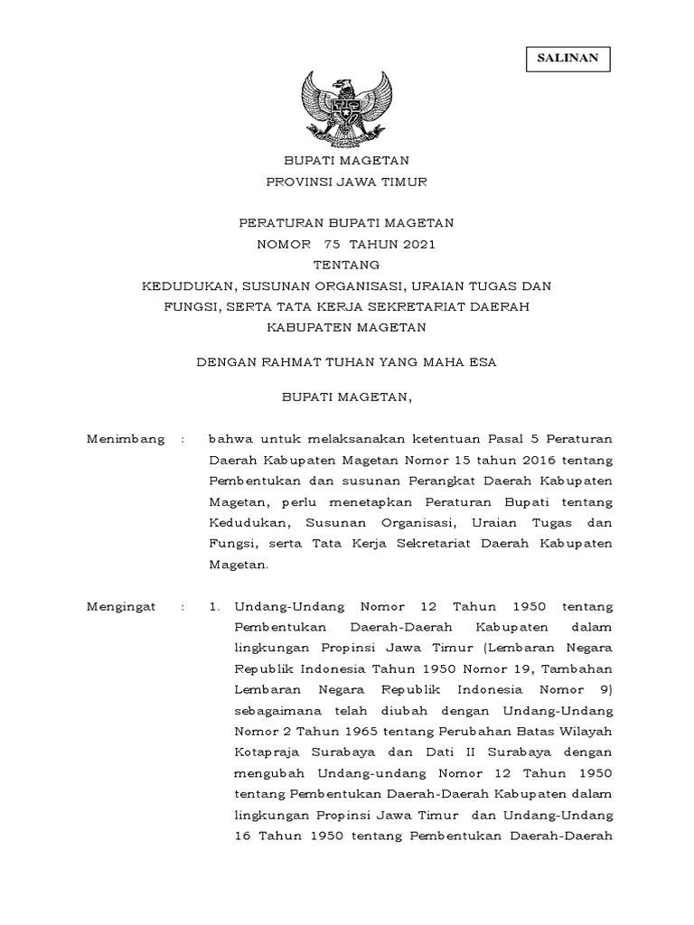 PERBUP No 75 SOTK Sekretariat Daerah | PDF