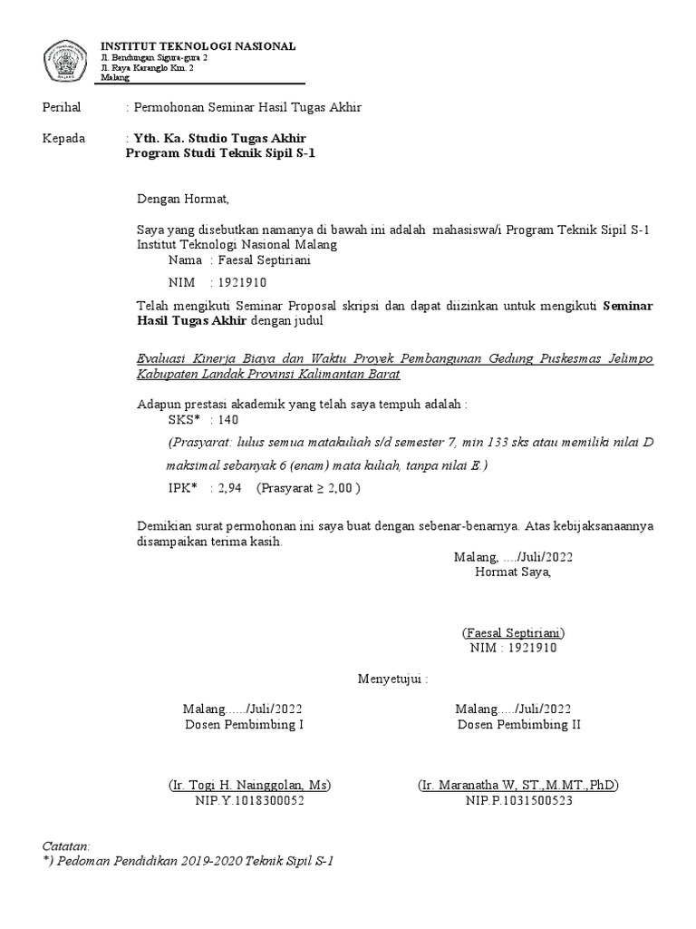 Surat Permohonan Mengikuti Seminar Hasil Tugas Akhir - Doc-1 | PDF
