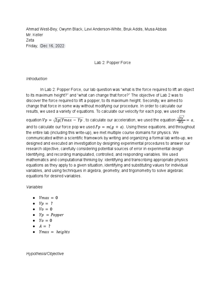 Ahmad West-Bey Lab 2 Popper Force Write-Up 1 | PDF | Force | Equations