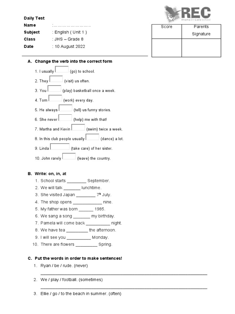 Grade 8 English Daily Test Template | PDF