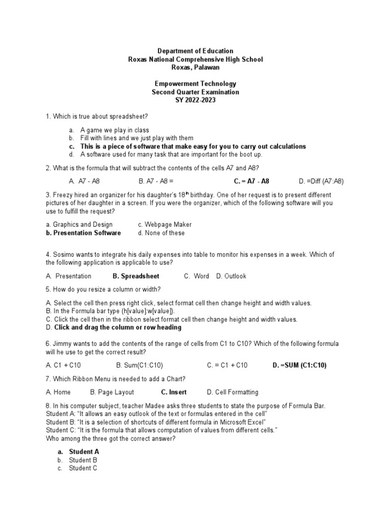 Empowerment Technology Second Quarter Exam | PDF | Spreadsheet ...