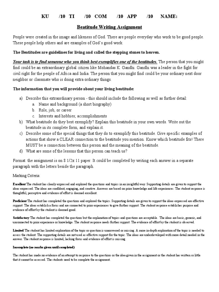 Beatitude Writing Assignment Guide | PDF | Experience | Evidence