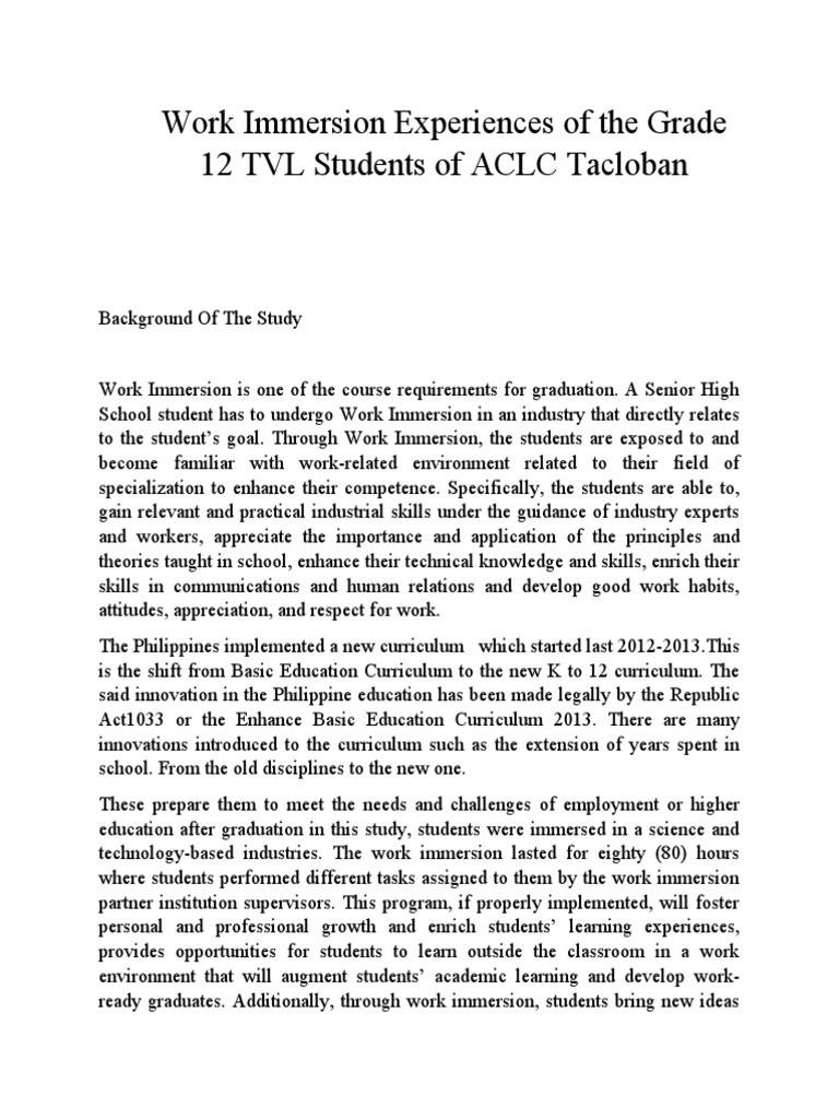 Work Immersion Experiences of The Grade 12 TVL Students of ACLC Tacloban2 | PDF | Curriculum ...