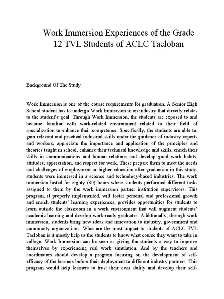 Grade 12 TVL Work Immersion Insights | PDF | Learning | Vocational Education