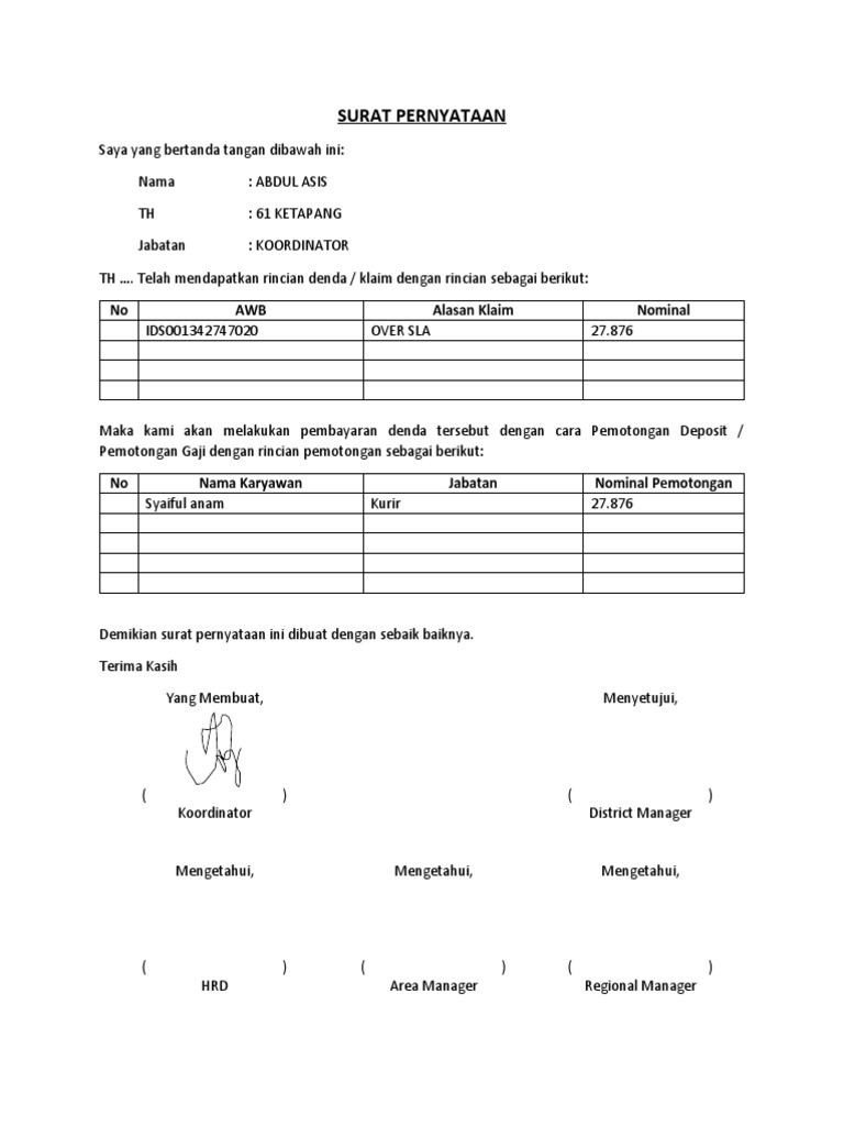 Surat Pernyataan Kena Denda | PDF