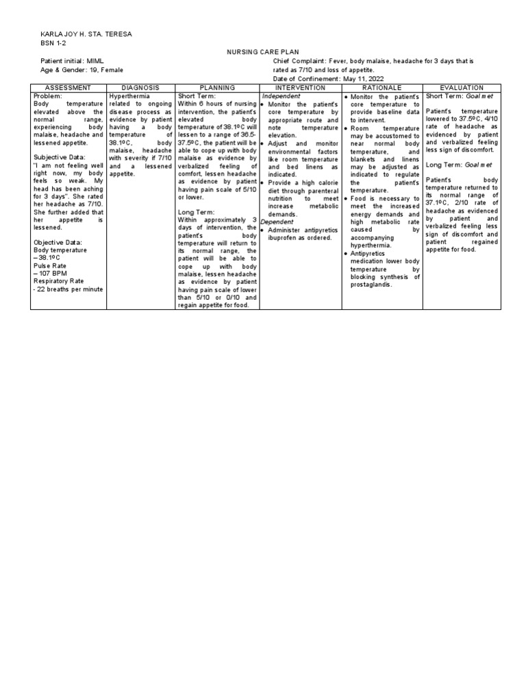 Nursing Care Plan | Download Free PDF | Nursing | Fever