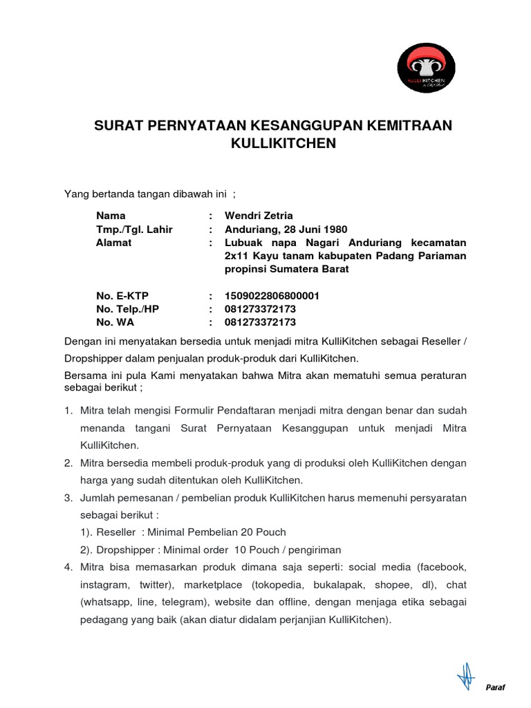 Form Surat Pernyataan Kemitraan Kulli Kitchen | PDF