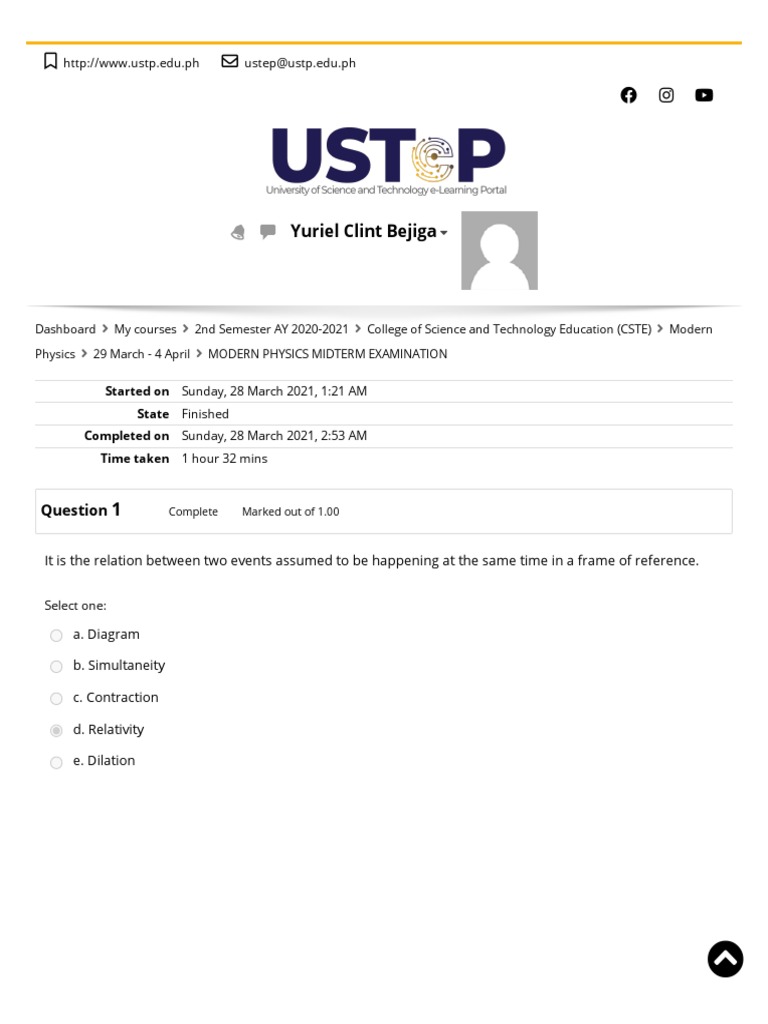 MODERN PHYSICS MIDTERM EXAMINATION - Attempt Review | PDF | Special Relativity | Speed Of Light