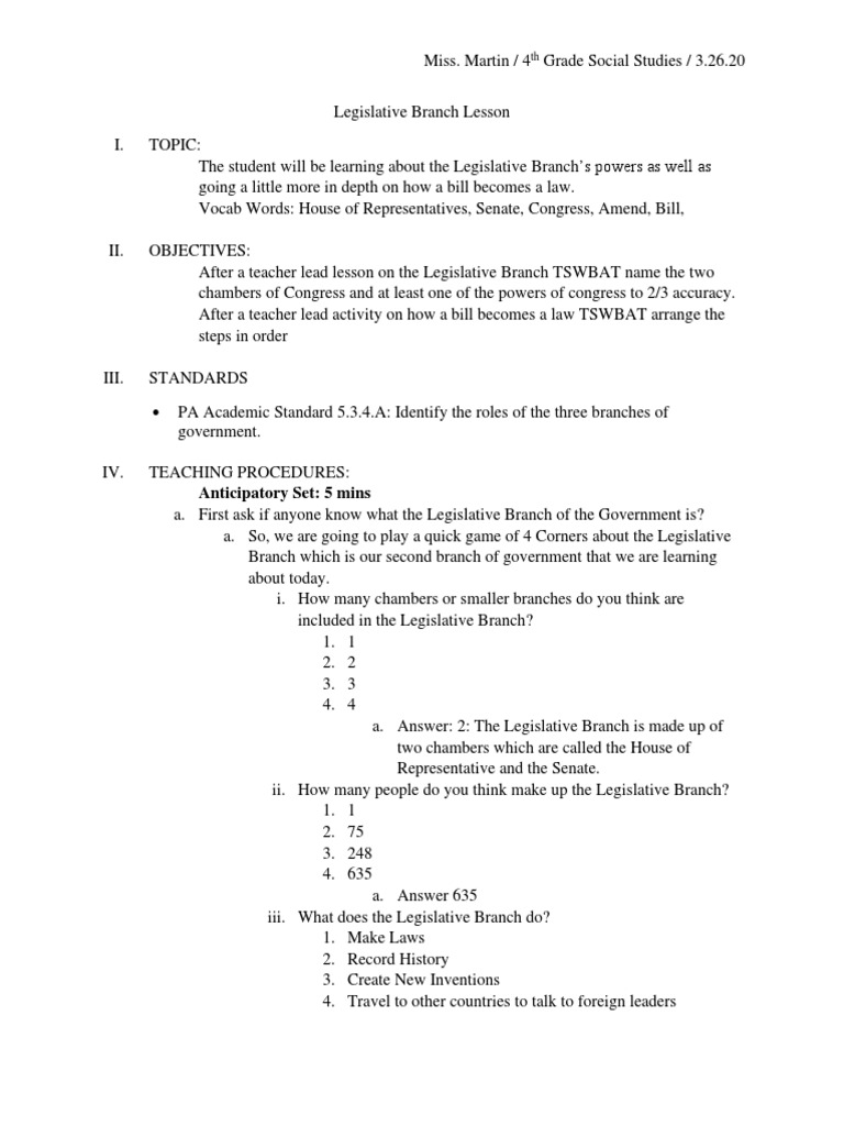 Legislative Branch Lesson | PDF | Bill (Law) | United States House Of ...