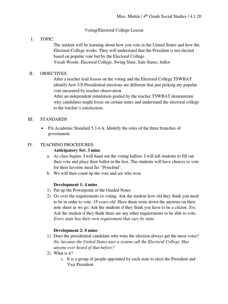 Voting and Electoral College Lesson Plan | PDF | Voting | Elections