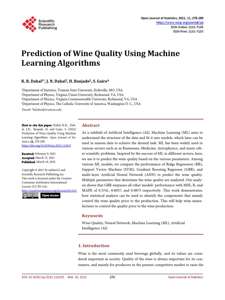 Prediction of Wine Quality Using Machine Learning | PDF | Regression Analysis | Machine Learning