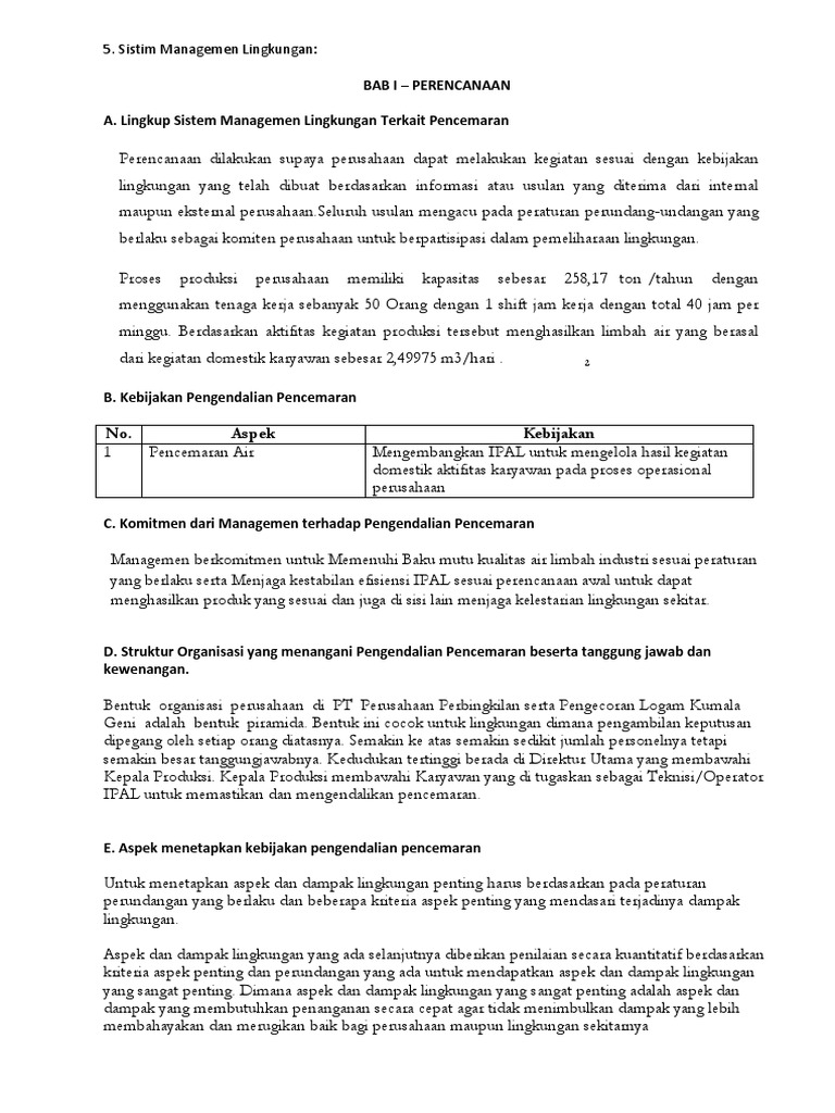 Sistem Manajemen Lingkungan PT Kumala Geni | PDF