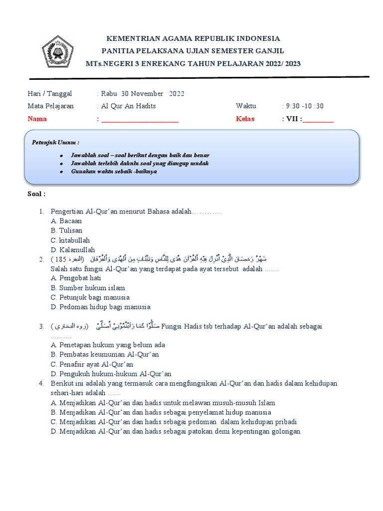 Soal Semester Ganjil 2022 Qurdis | PDF | Filsafat | Kajian Bahasa Asing