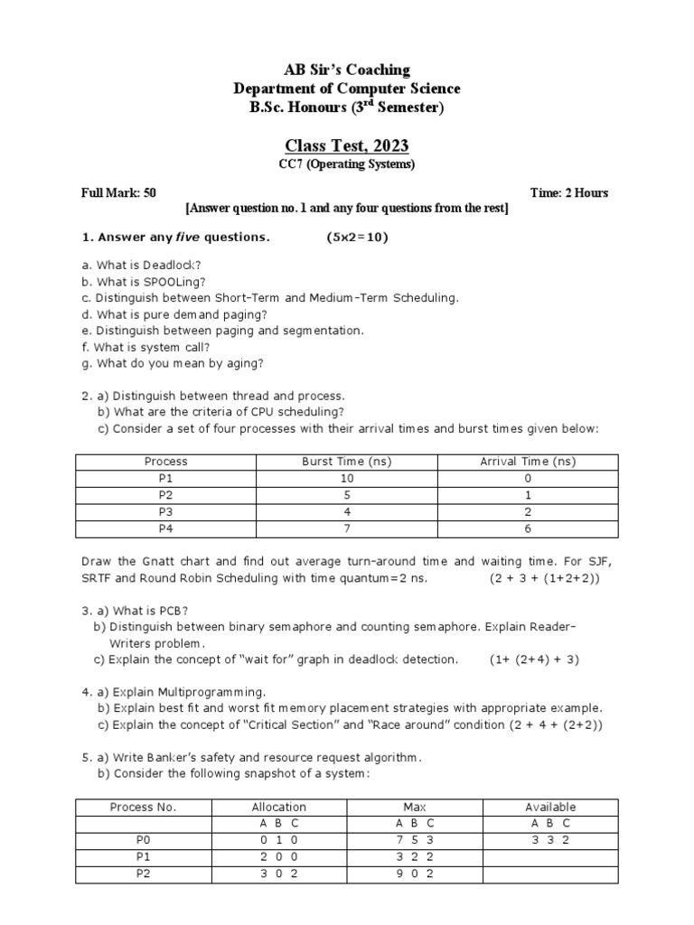 CC7 Class Test (AB-Sir) | PDF | Scheduling (Computing) | Computing