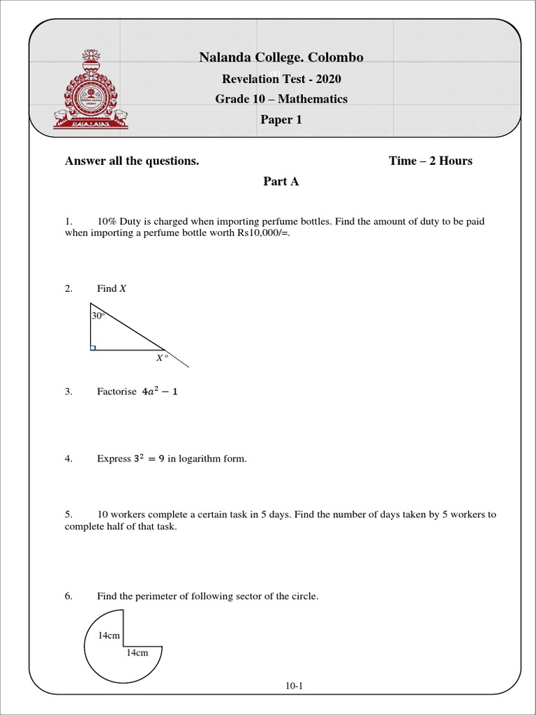 2020 Grade 10 Maths Second Term Paper English Medium Nalanda College ...