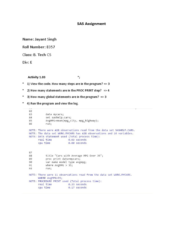 SAS Assignment 1 5 E057 | PDF | List Price | Sas (Software)