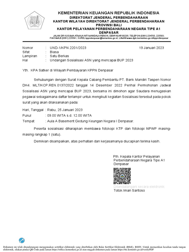 Undangan Sosialisasi ASN Yang Mencapai BUP 2023 KPPN Dps | PDF