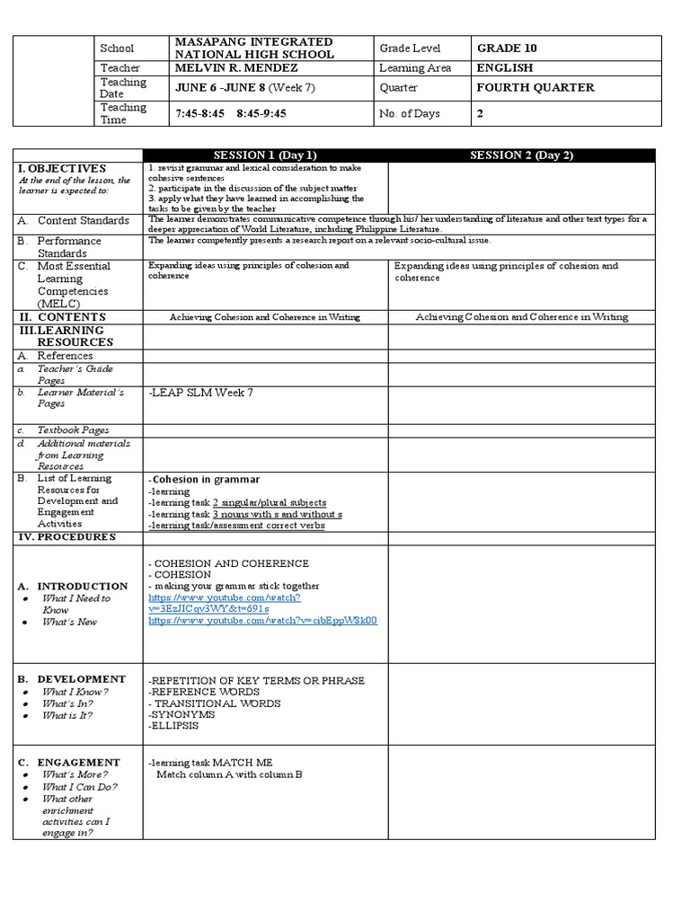Grade 10 English Cohesion Lesson Plan | PDF | English Language | Learning