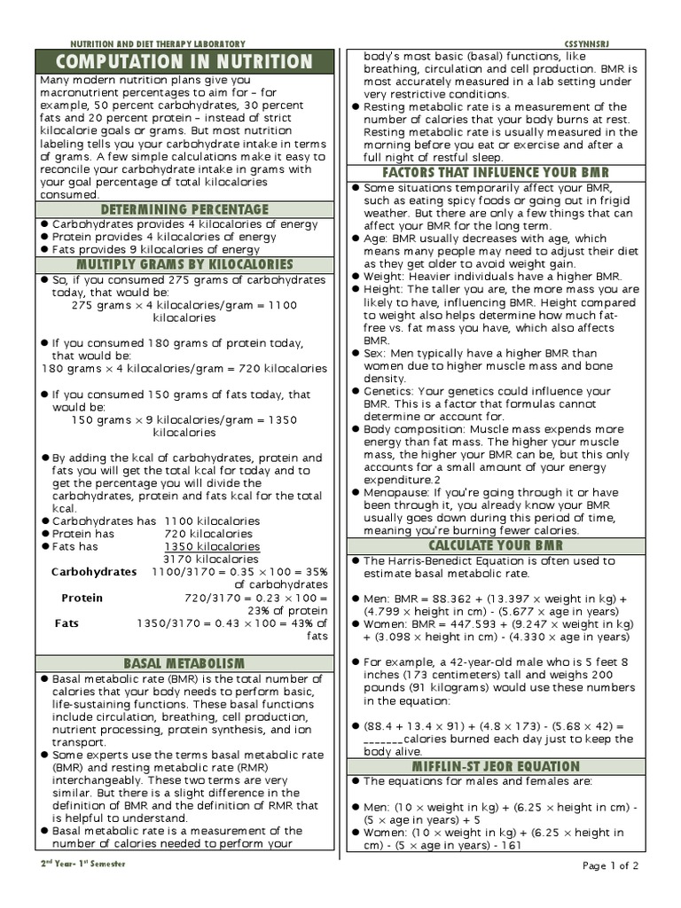 Nutrition Computation and BMR Guide | PDF | Body Mass Index | Calorie