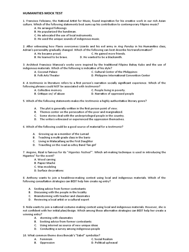 Humanities Mock Test | PDF | Speculative Fiction | Poetry