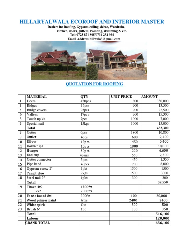 Roofing, Interior Decor Quotation for Hillaryalwala Eceroof | PDF ...