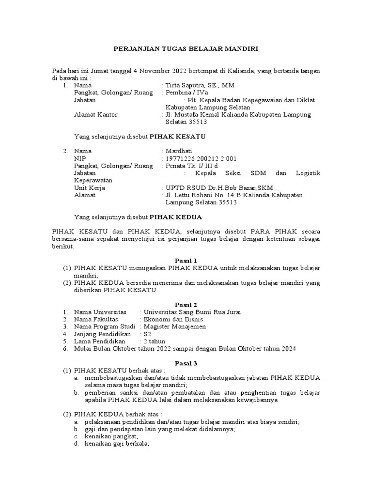 Perjanjian Tugas Belajar PNS | PDF