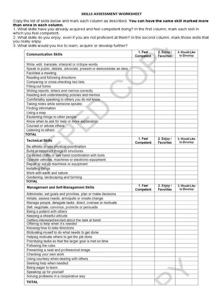 Skills Assessment Worksheet | PDF