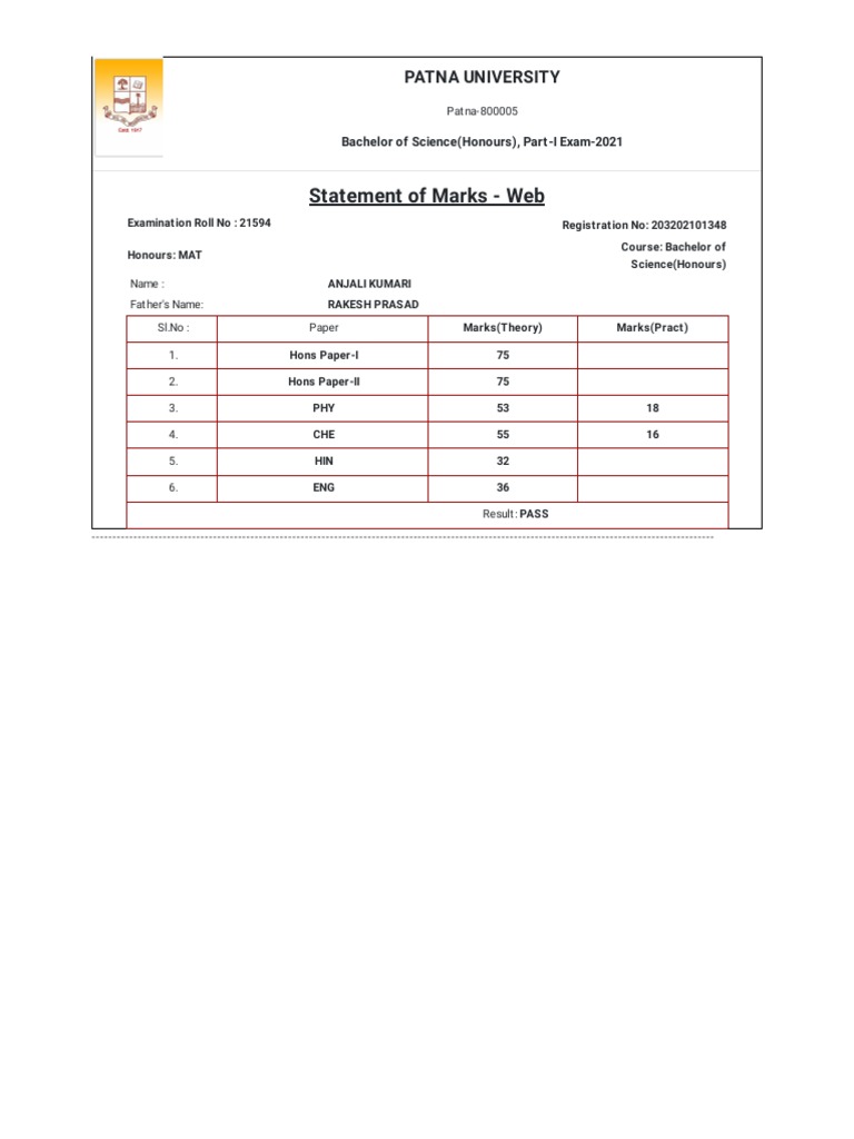 Statement of Marks Patna University, Patna. | PDF