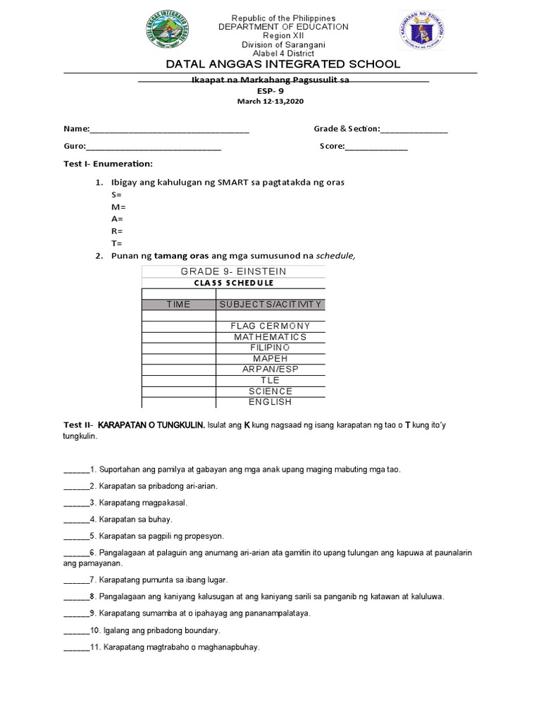 4th Quarter Exam - Grade 9 Esp | PDF