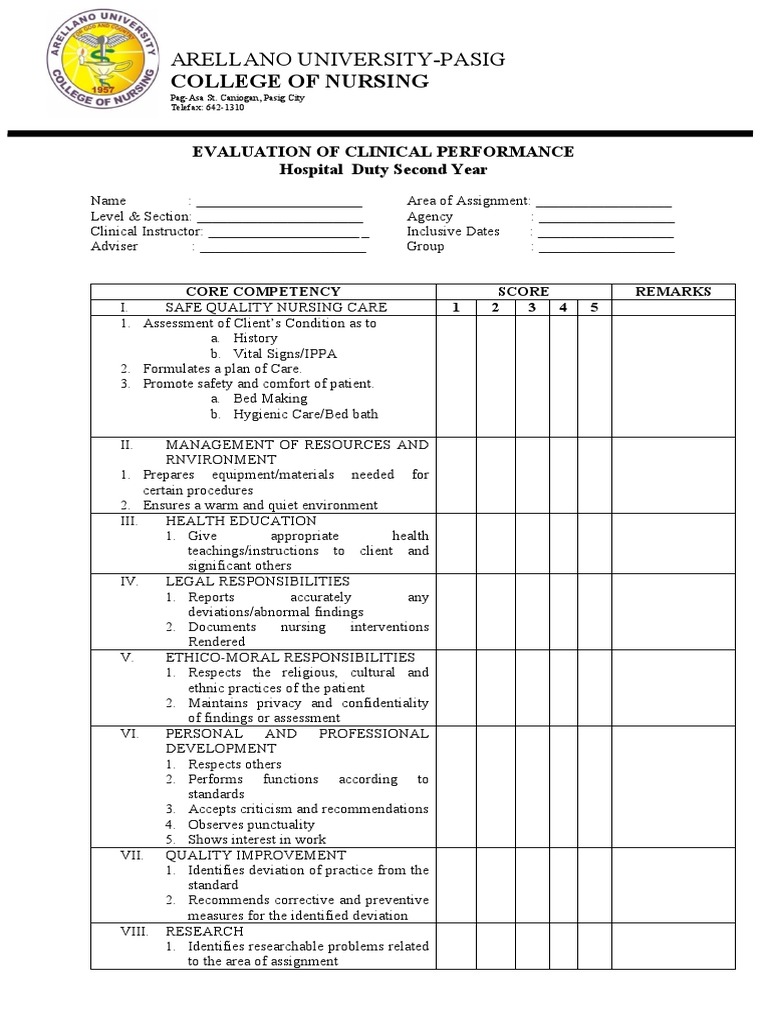Clinical Performance Evaluation Form | PDF | Nursing | Patient