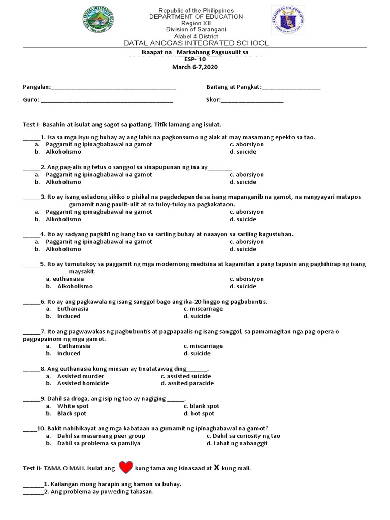 4th Quarter Exam - Grade 10 | PDF