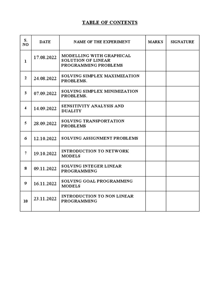 Table of Linear Programming Experiments Solutions | PDF | Linear Programming | Mathematical ...