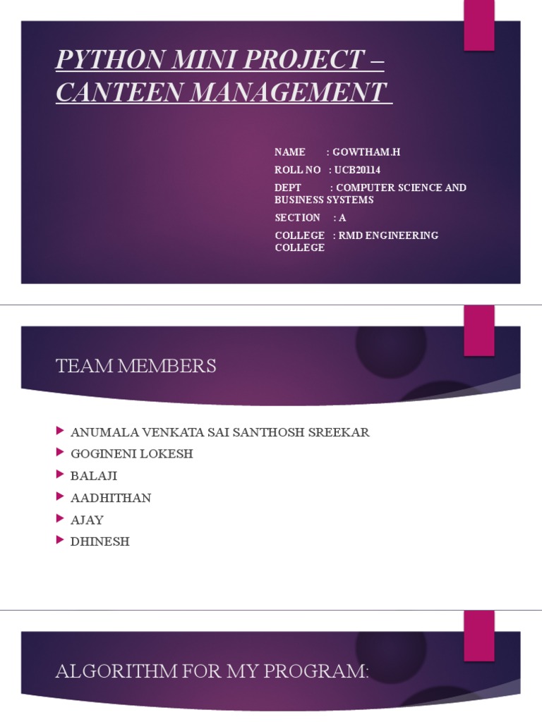 Python Mini Project - Canteen Management | PDF