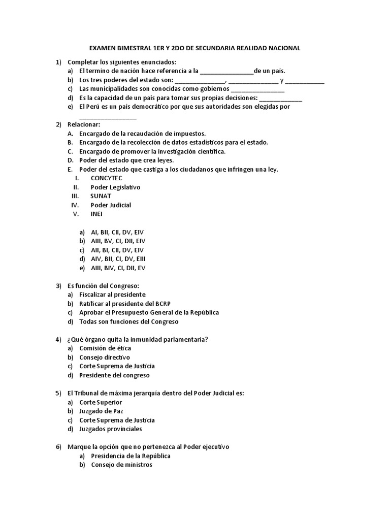 Examen Bimestral 1er y 2do de Secundaria Realidad Nacional | PDF | Perú | Gobierno