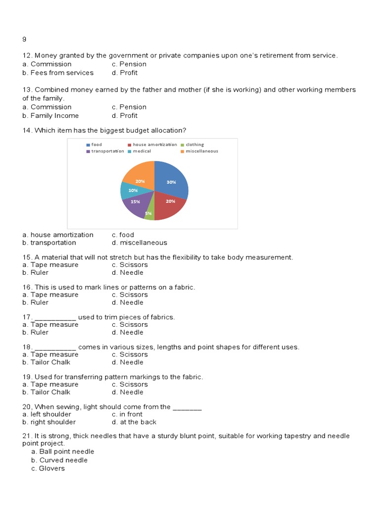 Tle 6 Agriculture Pre Test | PDF | Textiles | Sewing