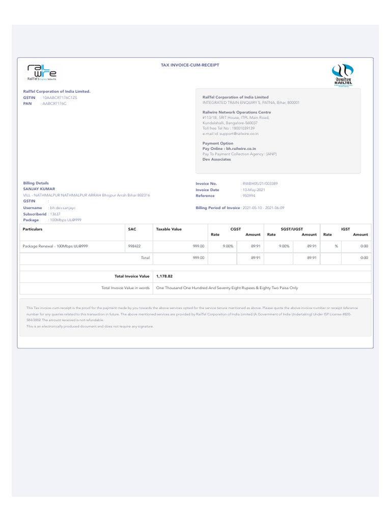 Railwire Billing | PDF | Invoice | Taxation