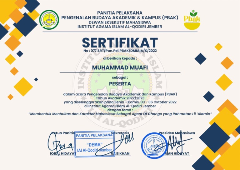 Sertifikat Peserta Pbak 2022 - Muhammad Muafi | PDF